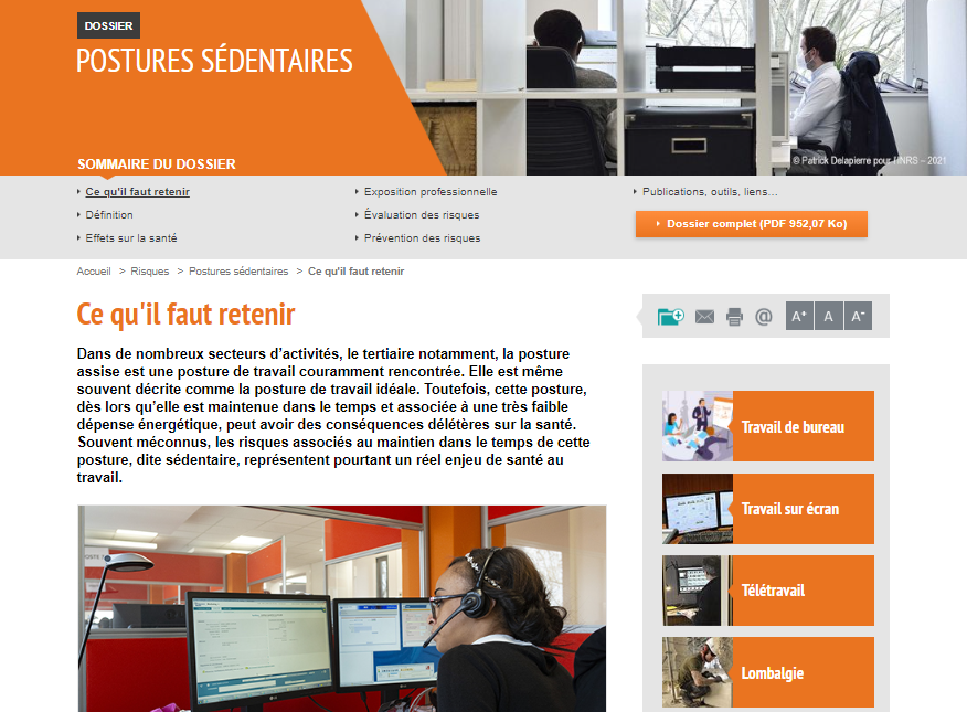 Prévention des postures sédentaires au travail - Actualité - INRS